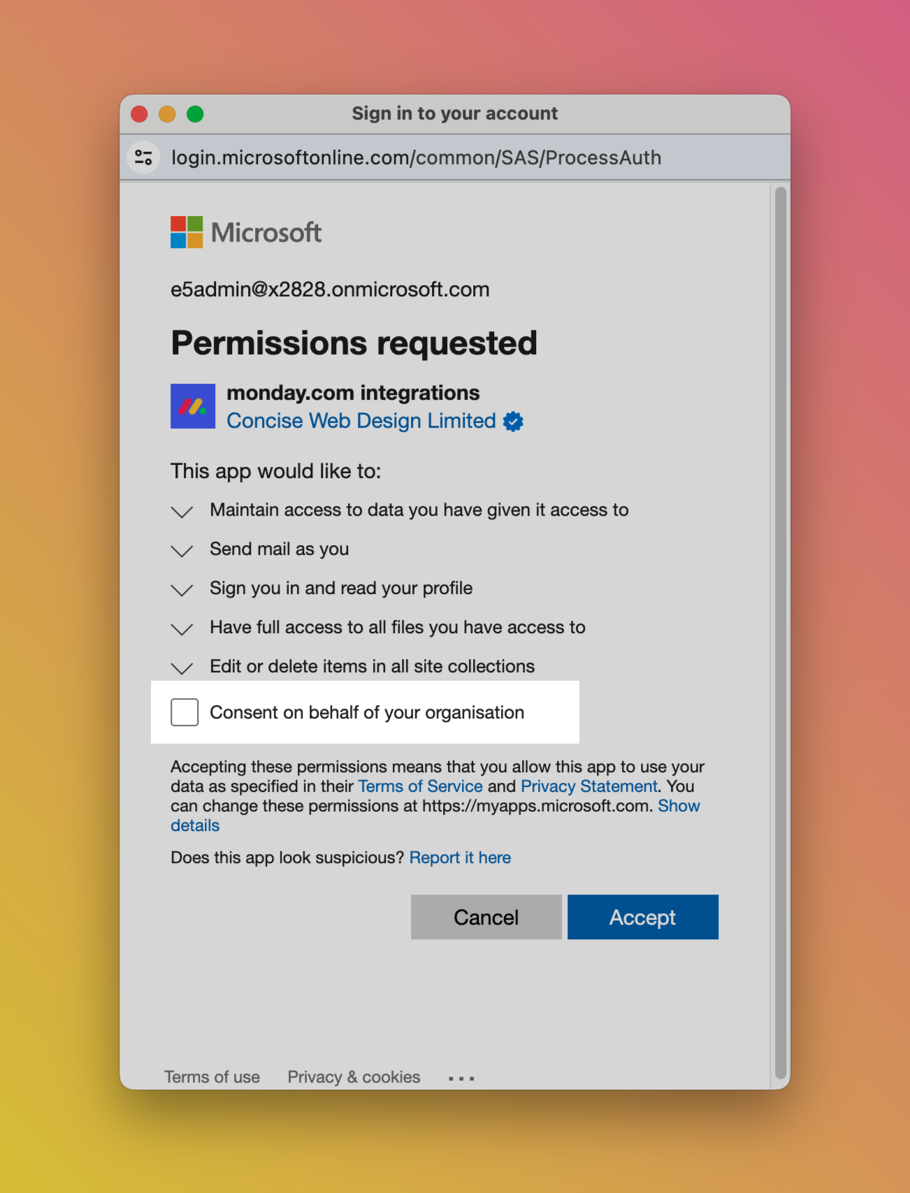 Requesting permission to access Microsoft 365